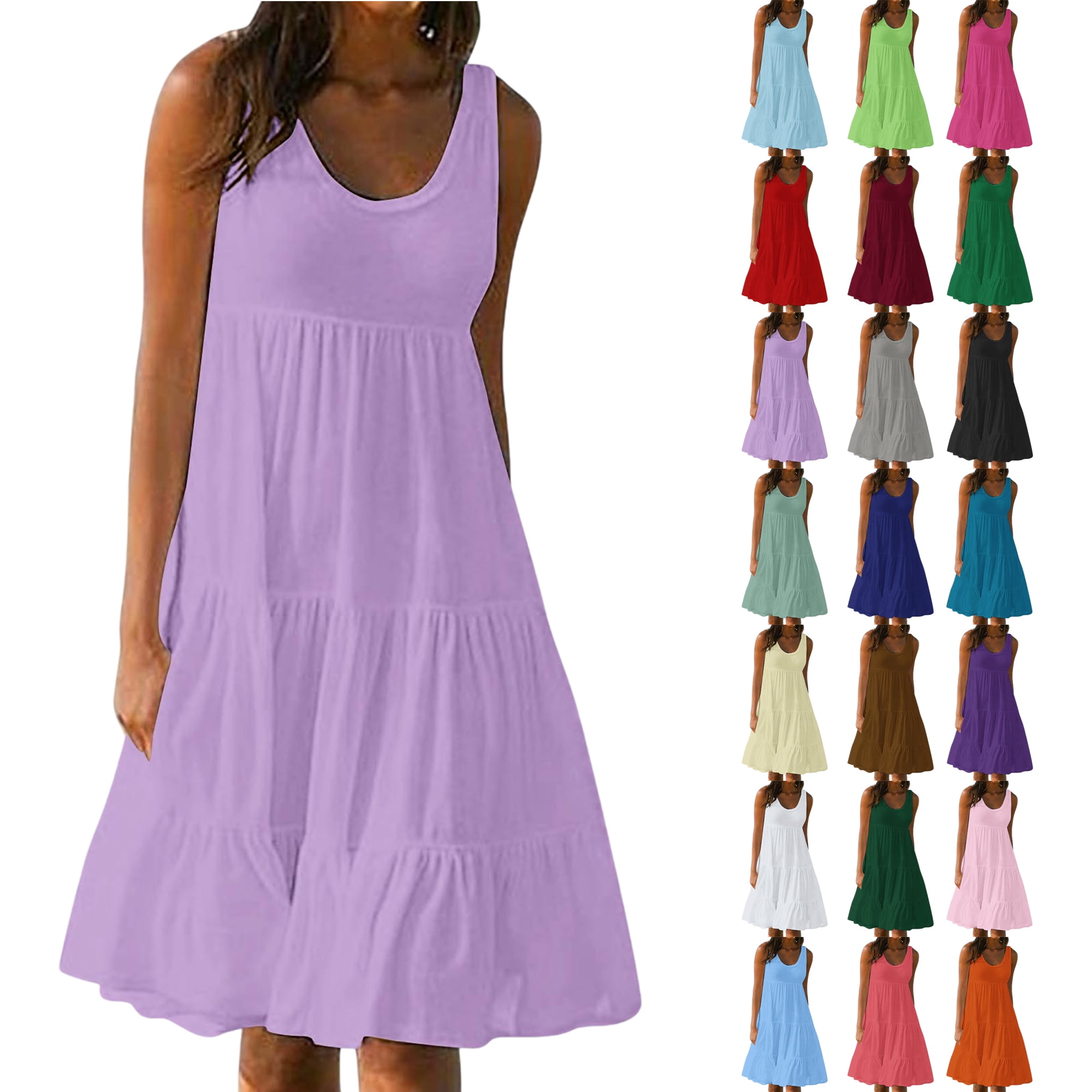 Sundresses for Women, Womens Summer Round Neck Print Sleeveless Beach ...