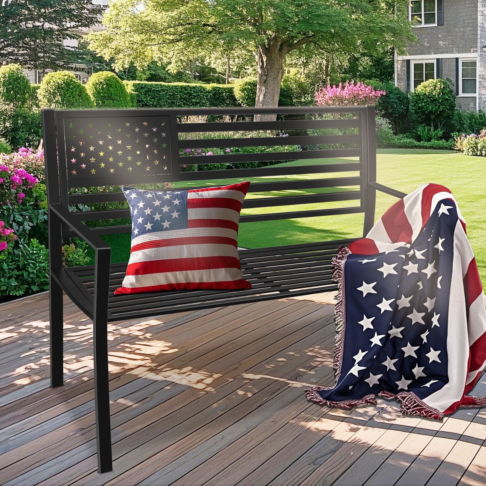 50" Outdoor Bench, 2-Person Metal Garden Bench with American Flag ...