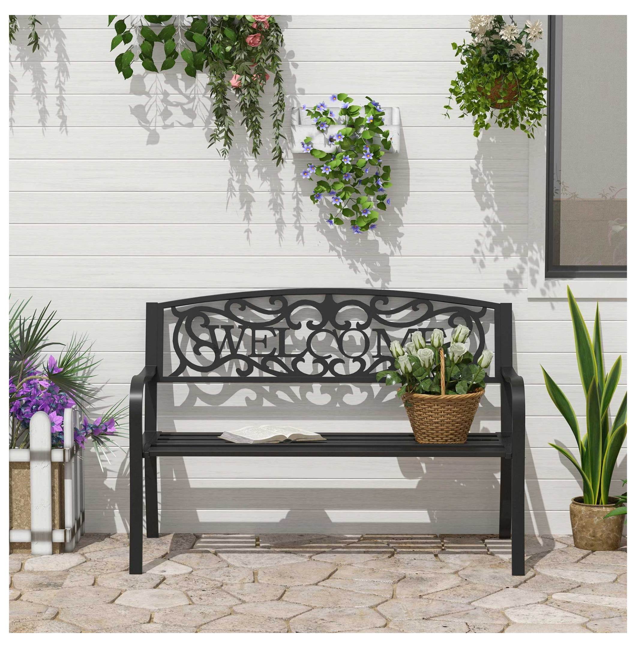 50" Outdoor Bench 2 Person Patio Loveseat Cast Iron Welcome Design for ...