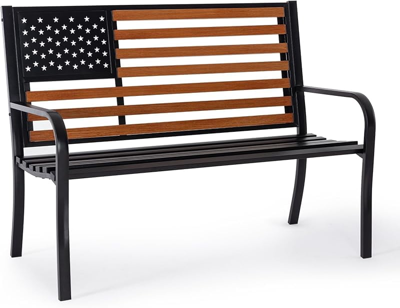 50” Outdoor Bench Garden Bench with American Flag Style, Sturdy Cast ...