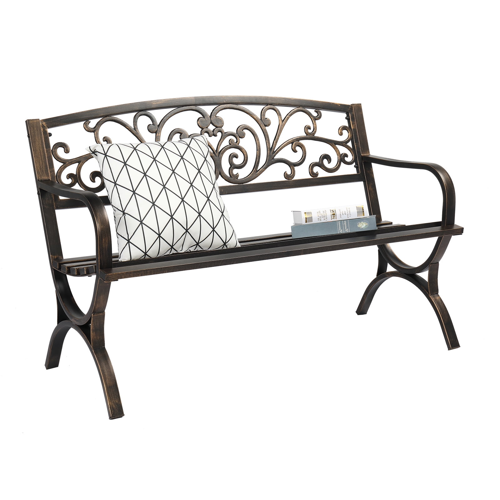 50" Outdoor Bench, Park Benches with Armrest and Floral Pattern Backrest, Weather Resistant for ...