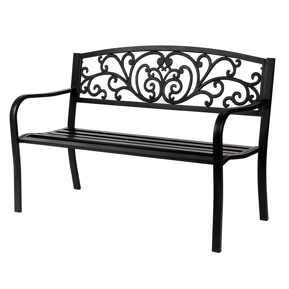 50" Outdoor Garden Bench, Slatted Seat Armrests w/Floral Design Backres ...