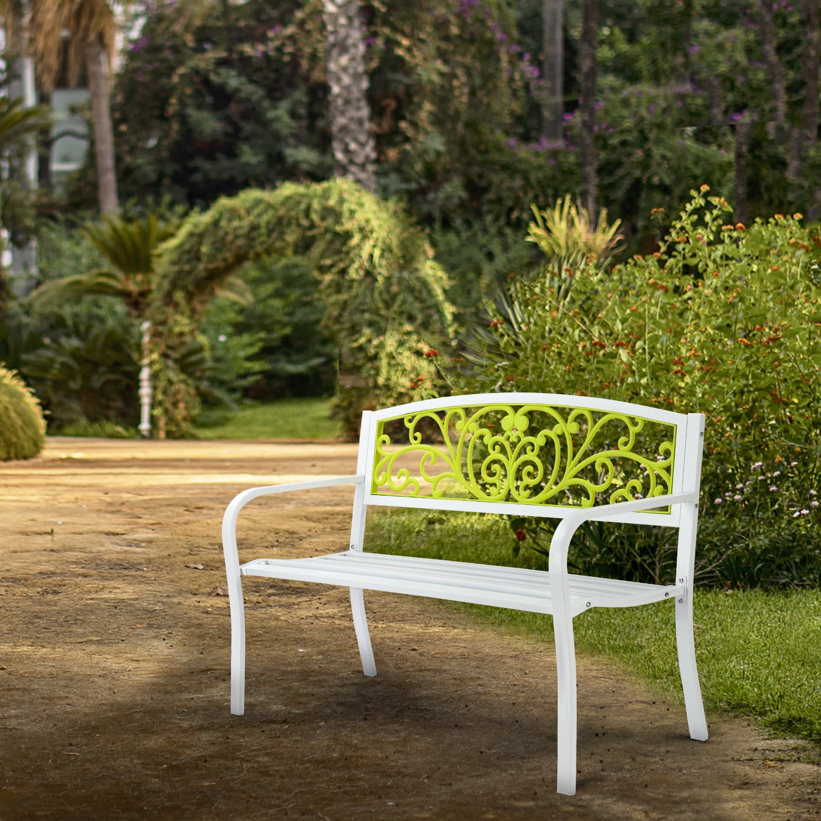 50" Outdoor Garden Bench, Slatted Seat Armrests w/Floral Design Backres ...