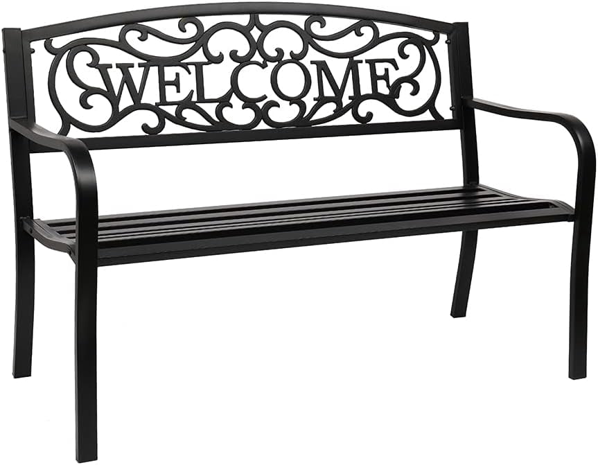 50" Outdoor Welcome Backrest Cast Iron&PVC Park Bench - Wood Bench for ...