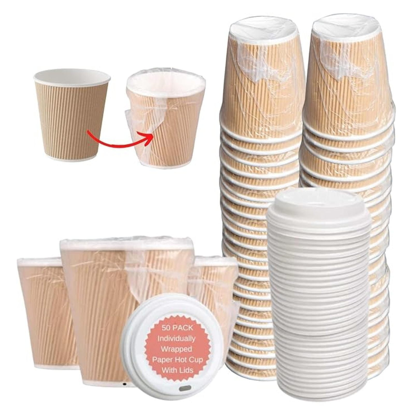 50 PACK 10 oz. Ripple Individually Wrapped Paper Hot Cup with Lids For ...