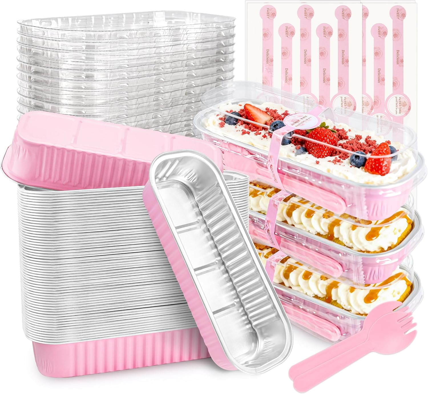 50 PACK Mini Cake Pans with Lids and Spoons,Rectangular Aluminum Foil ...