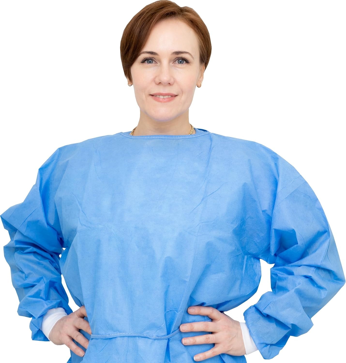 50 PC - Level 2 Disposable Isolation Gowns - SMS 35g, Knitted Cuffs, Fully Closed Double Tie ...