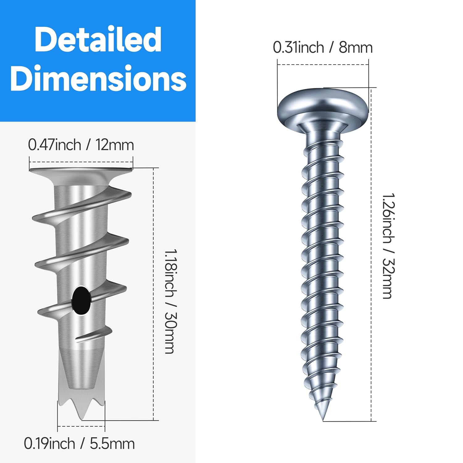 50 PCS #8 Zinc -Drilling Metal Drywall Anchors with Screws Kit, Heavy ...