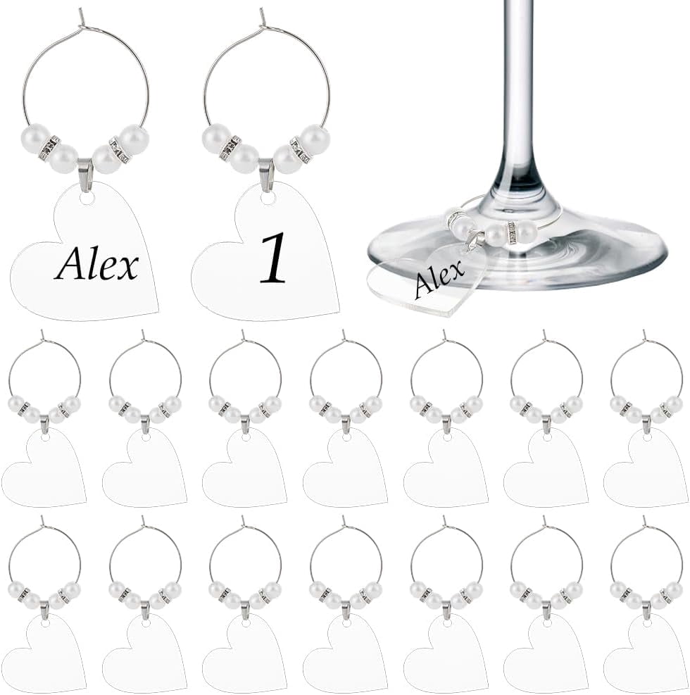 50 PCS Acrylic Wine Glass Charms Clear Heart Shaped Wine Glass Logo ...