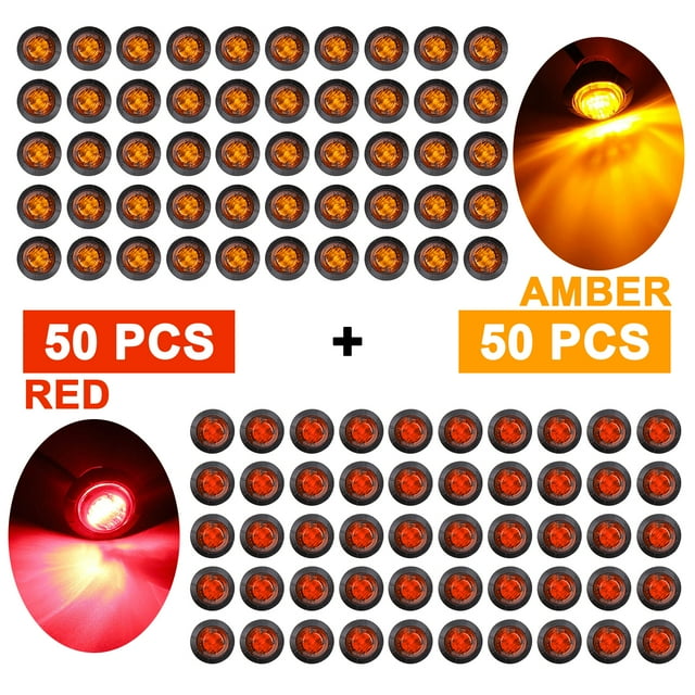 50 PCS Amber + 50 PCS Red Trailer LED Marker Light 3/4" 12V Round Truck ...