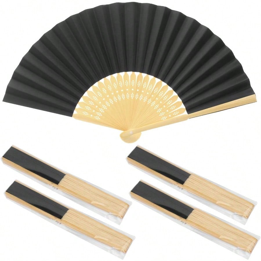 50 PCS Black Paper Hand Fans With Clear Bags Handheld Folded Fans ...