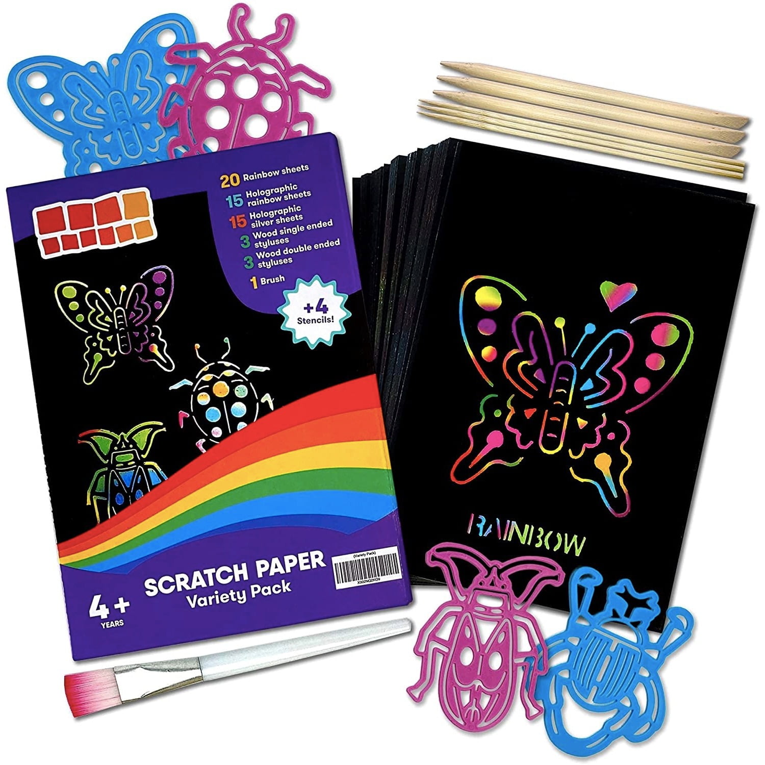 50 PCS Black Scratch Paper Set Art Craft Rainbow for Kids with 4 Unique ...