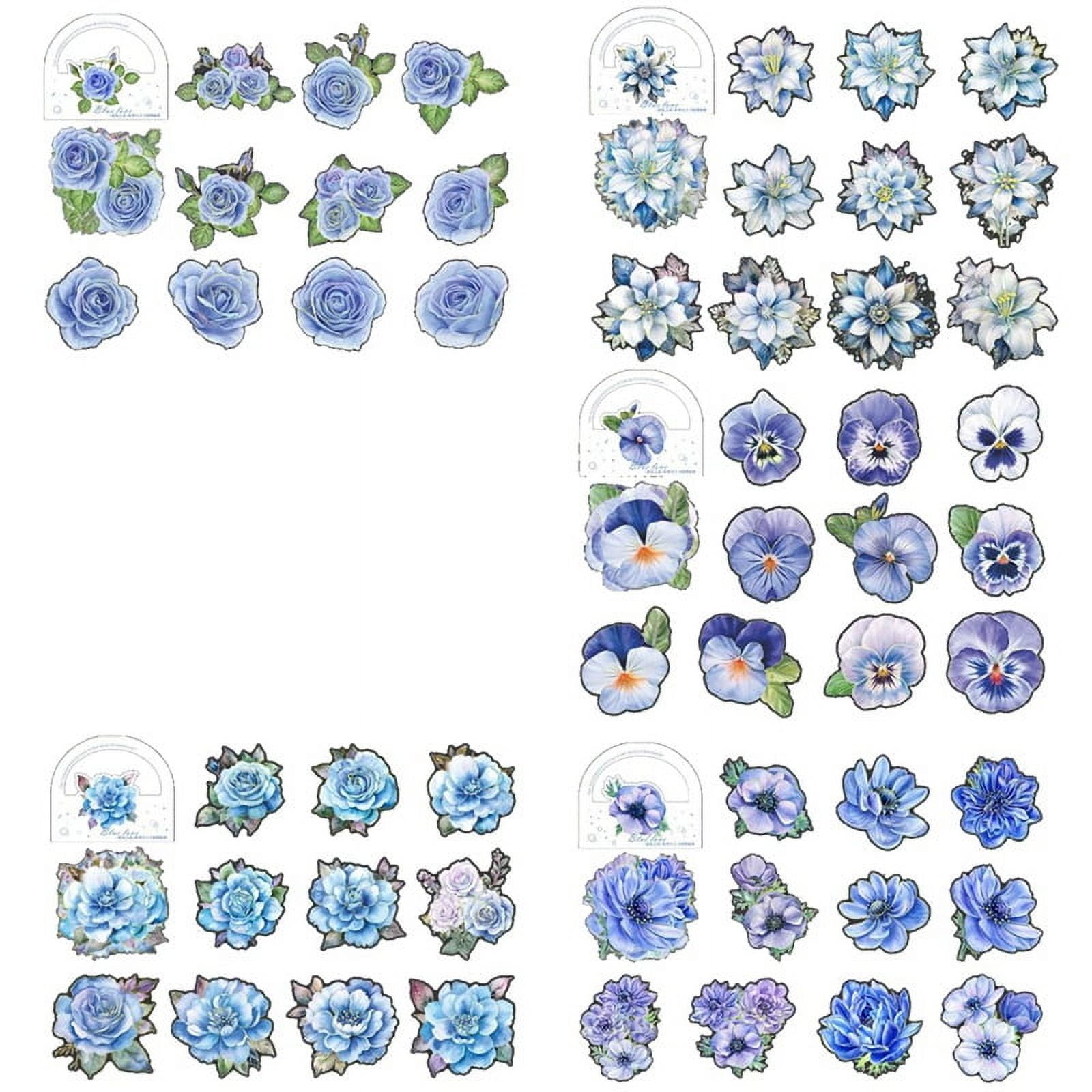 50 PCS Blue Flower Stickers - Large Size Floral Stickers with Gold ...