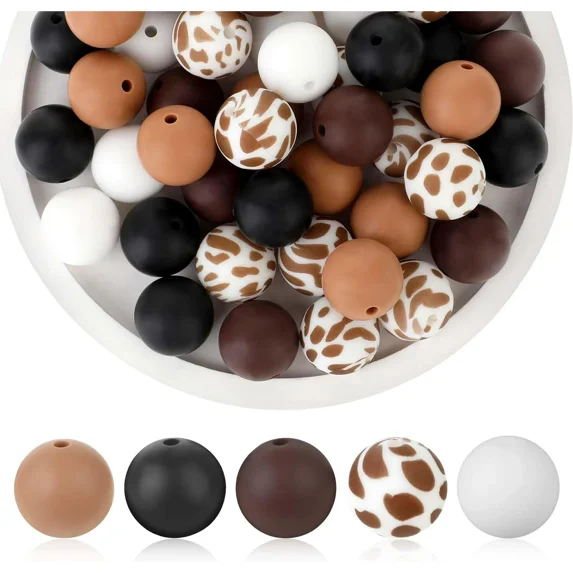 50 PCS Brown Cow Print Silicone Beads, 15mm Bulk Round Silicone Beads ...