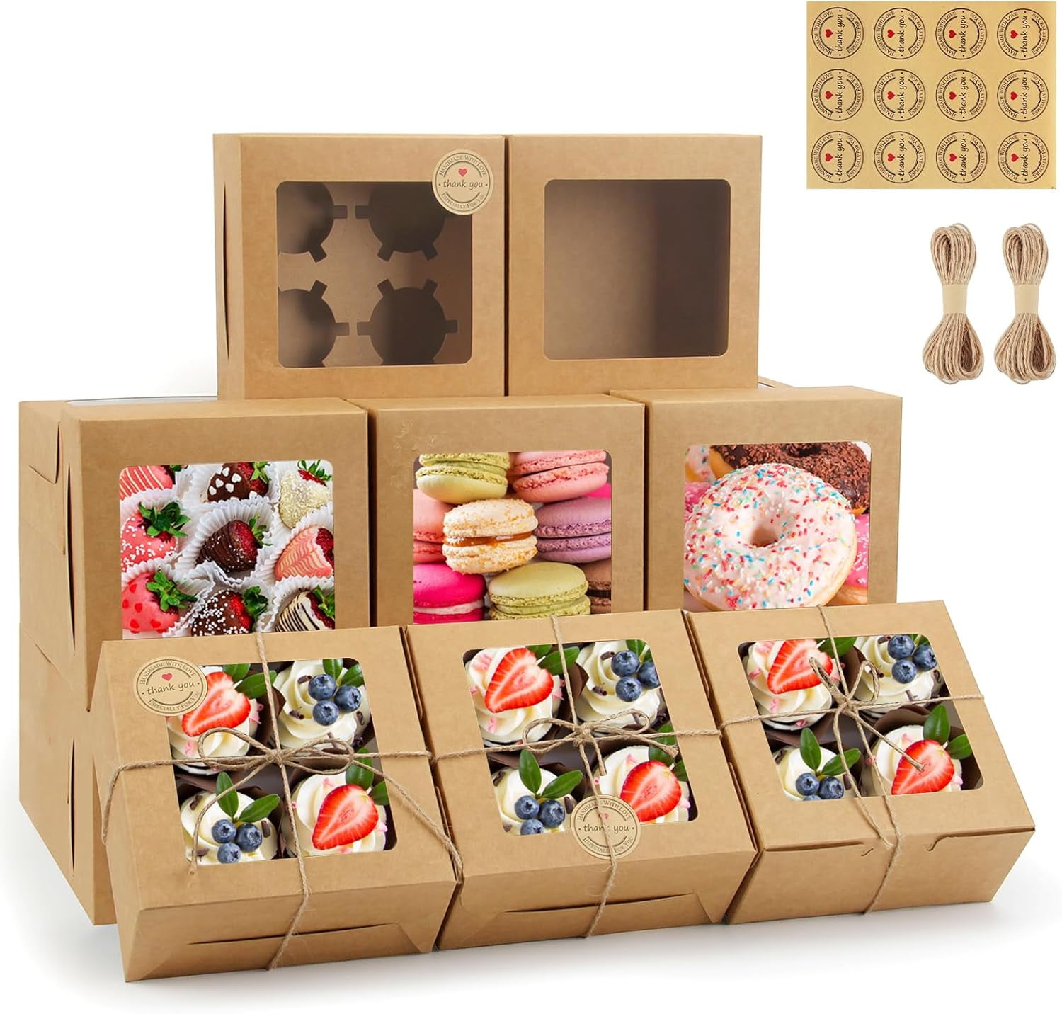 50 PCS Cupcake Boxes with Window, 6x6x3 Inch Cookie Boxes, Brown Bakery ...