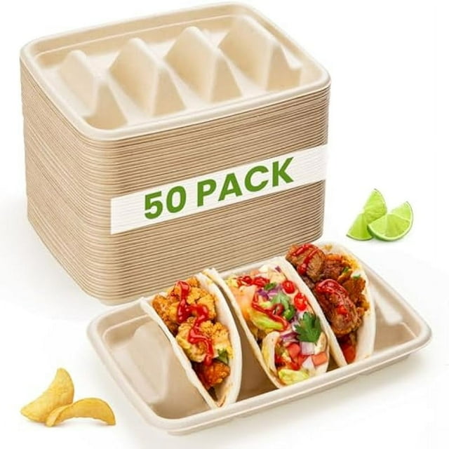 50 PCS Disposable Taco Holders for Party, Bagasse Pulp 3-Slot Taco ...