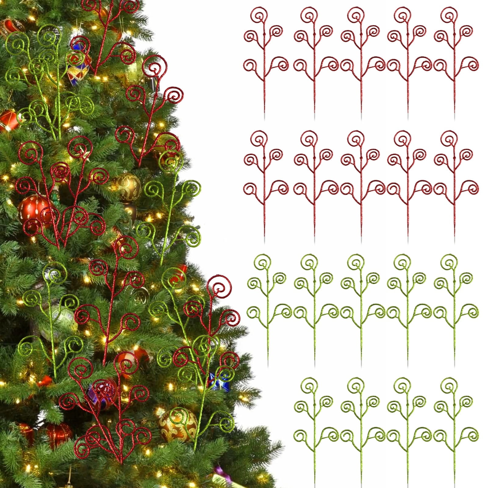 50 PCS Glitter Spiral Christmas Tree Picks, 11.8 x 9 inch Red and Green ...