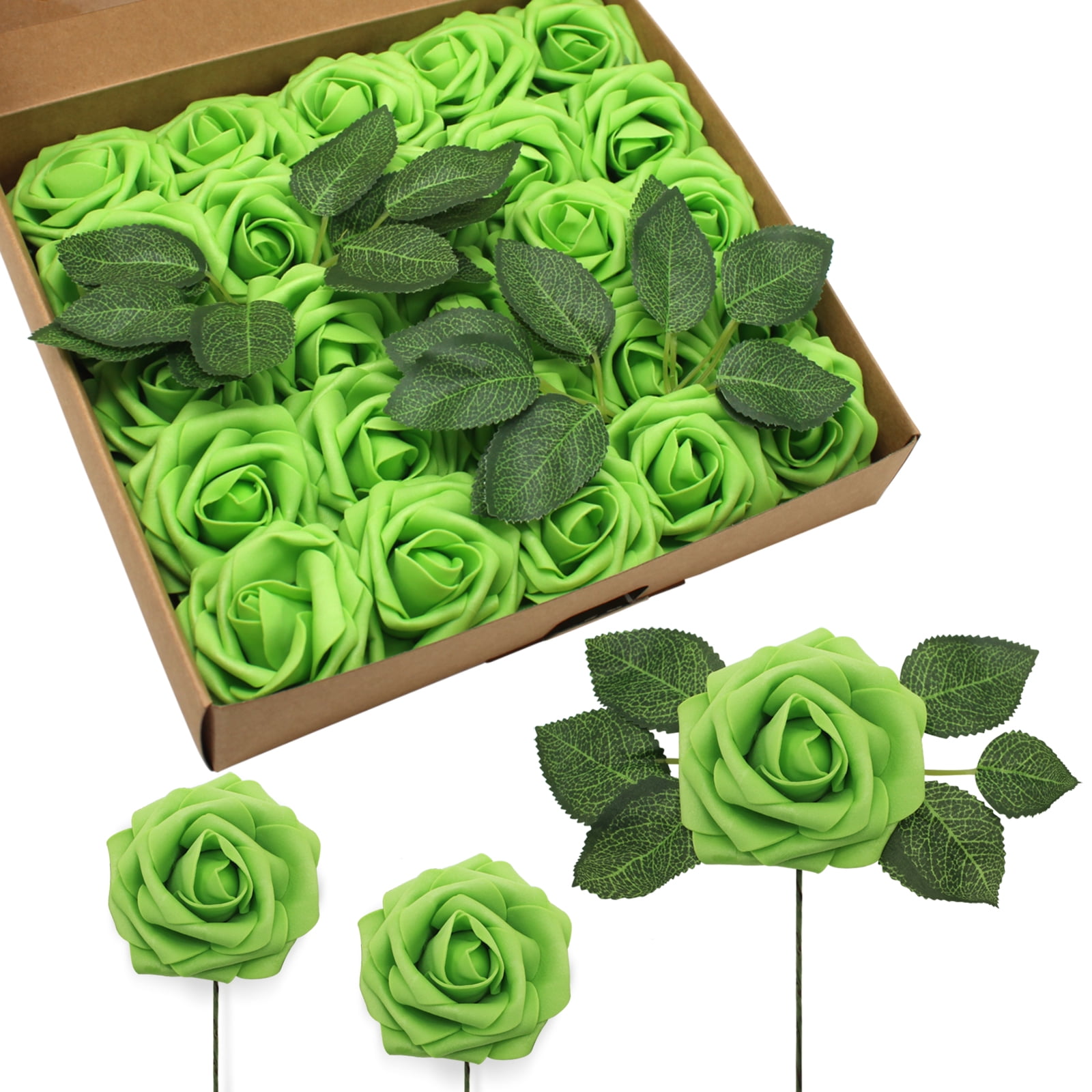 50 PCS Green Artificial Flowers Real Looking Faux Foam Fake Roses with ...