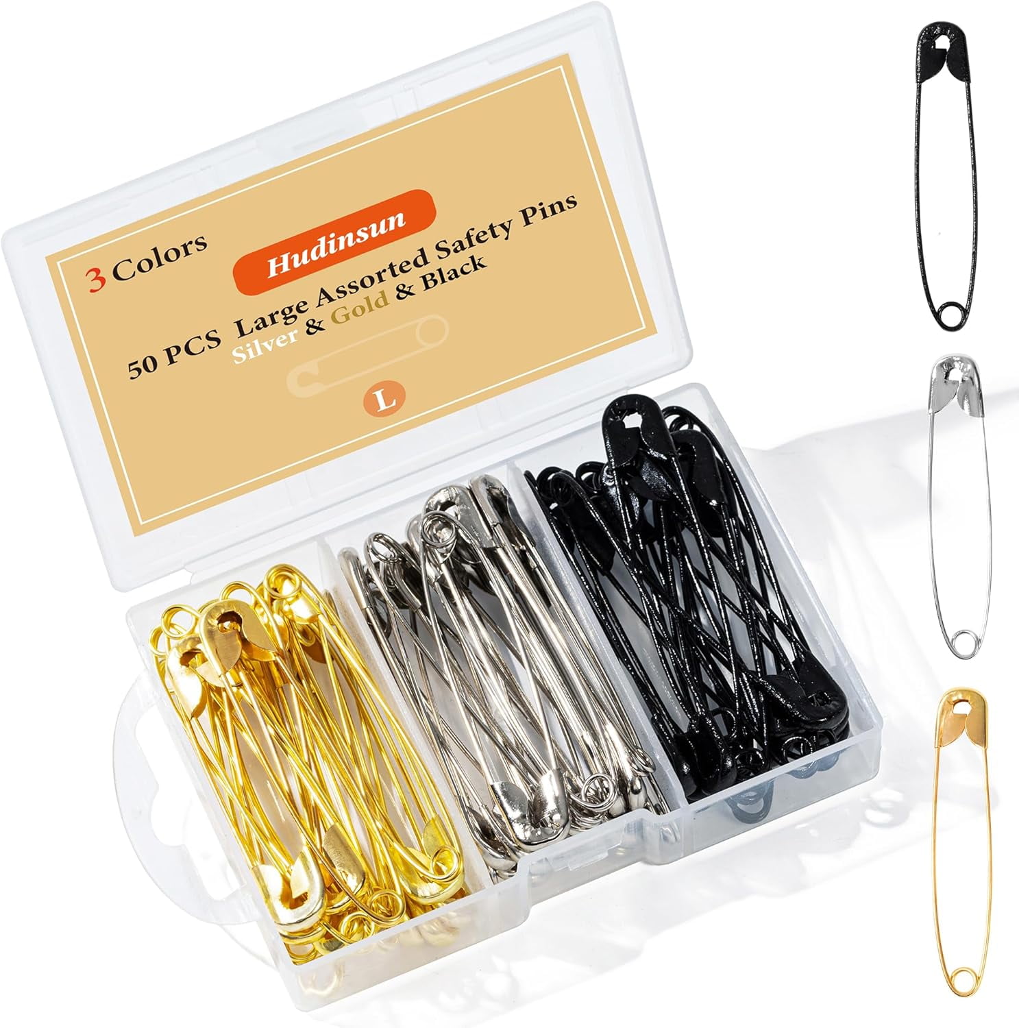 50 PCS Large Safety Pins Assorted, Silver and Black and Gold Safety ...