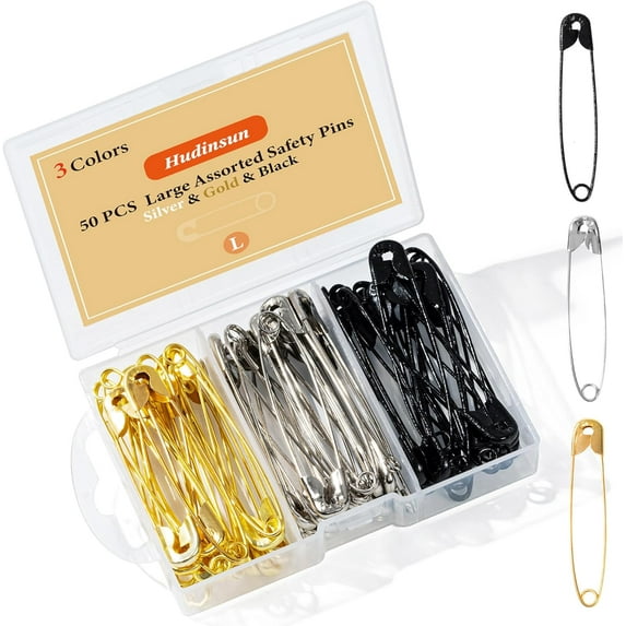 50 PCS Large Safety Pins Assorted, Silver and Black and Gold Safety ...