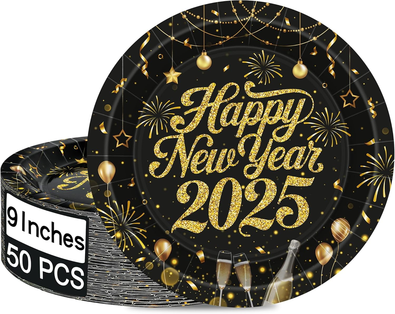 50 PCS New Year Plates 9 Inches Black Gold Happy New Year 2025 Paper ...