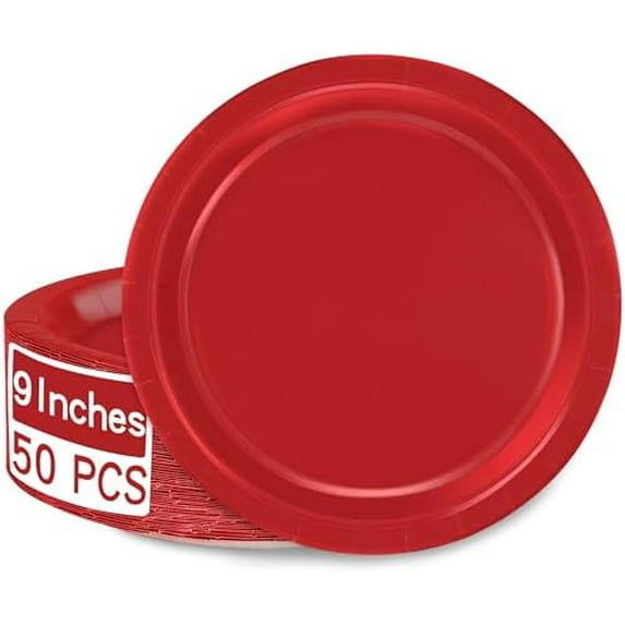 50 PCS Paper Plates, Red Heavy Duty Party Plates, Round 9 Inches ...