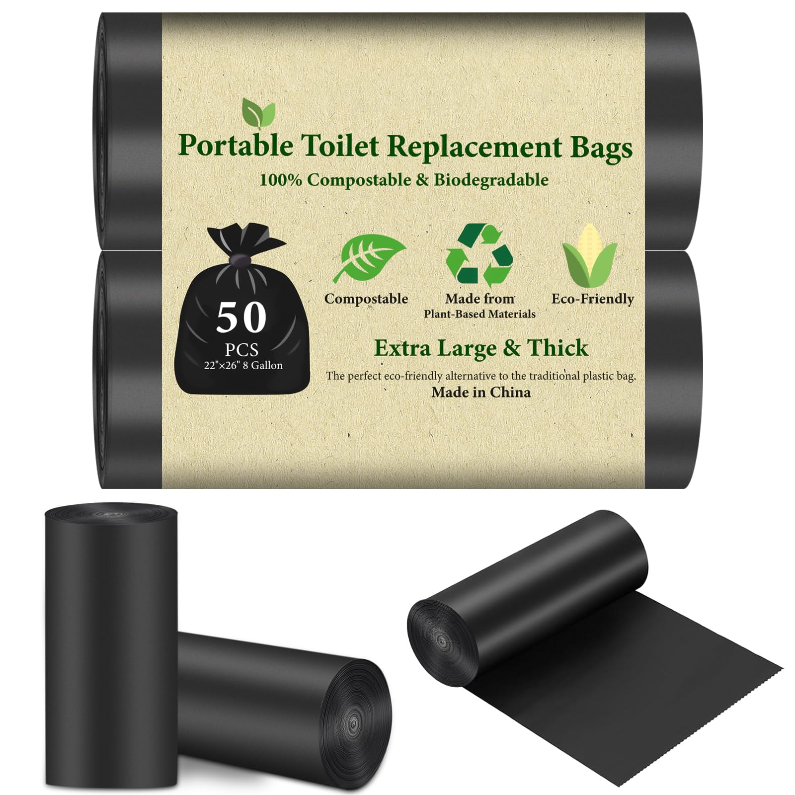 50 PCS Portable Toilet TSF6 Bags for Camping, Drawstring Biodegradable ...