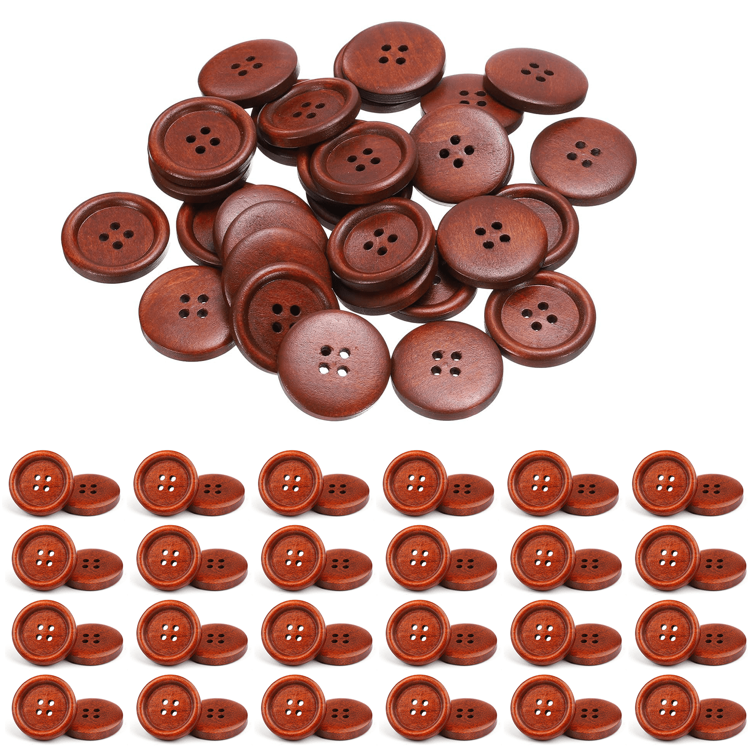 50 PCS Wood Buttons, 1 Inch Wooden Buttons 4 Hole Classic Brown Sewing ...