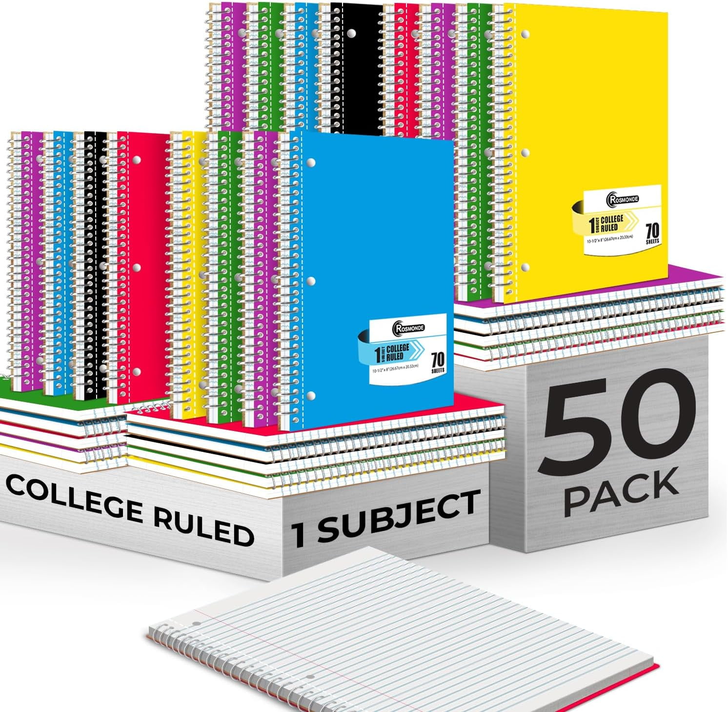 50 Pack, 1 Subject Spiral Notebook College Ruled Bulk, 140 Pages (70 ...