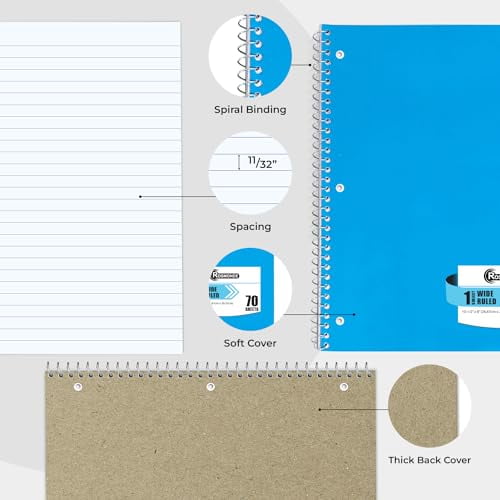 50 Pack, 1 Subject Spiral Notebook Wide Ruled Bulk, 140 Pages (70 ...