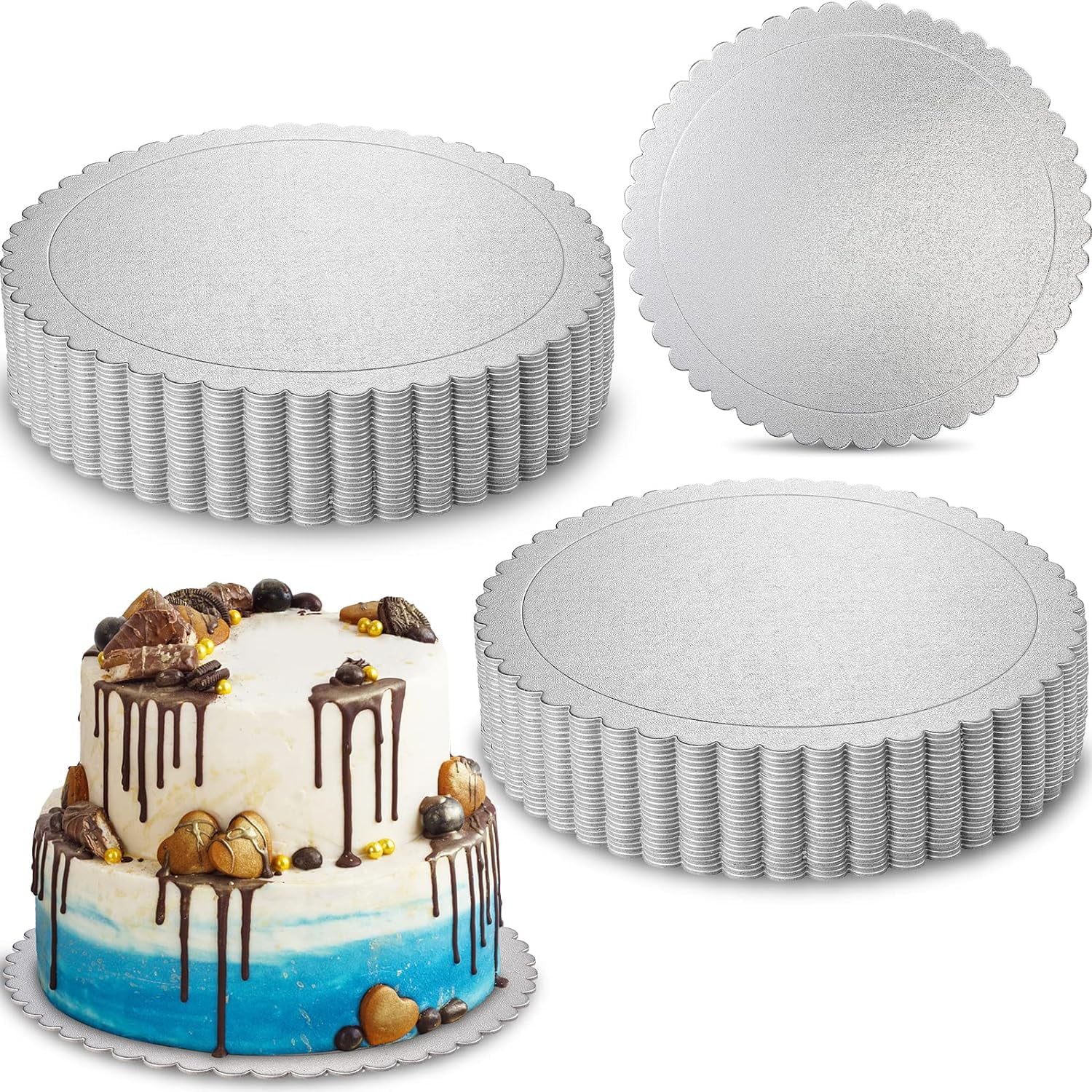 50 Pack 10 Inch Cake Boards Round Silver Scallop Edge Cakeboard ...