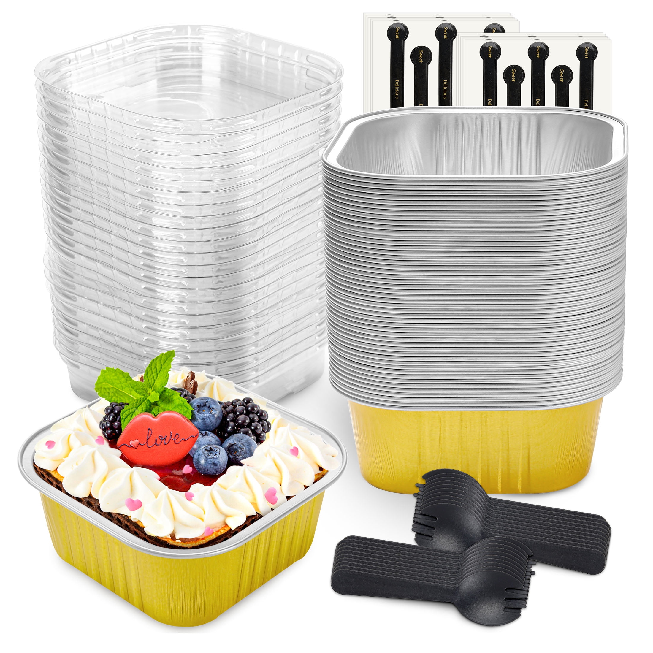 50 Pack 10 oz Gold Square Cake Pans with Lids & Spoons, Mini Aluminum ...