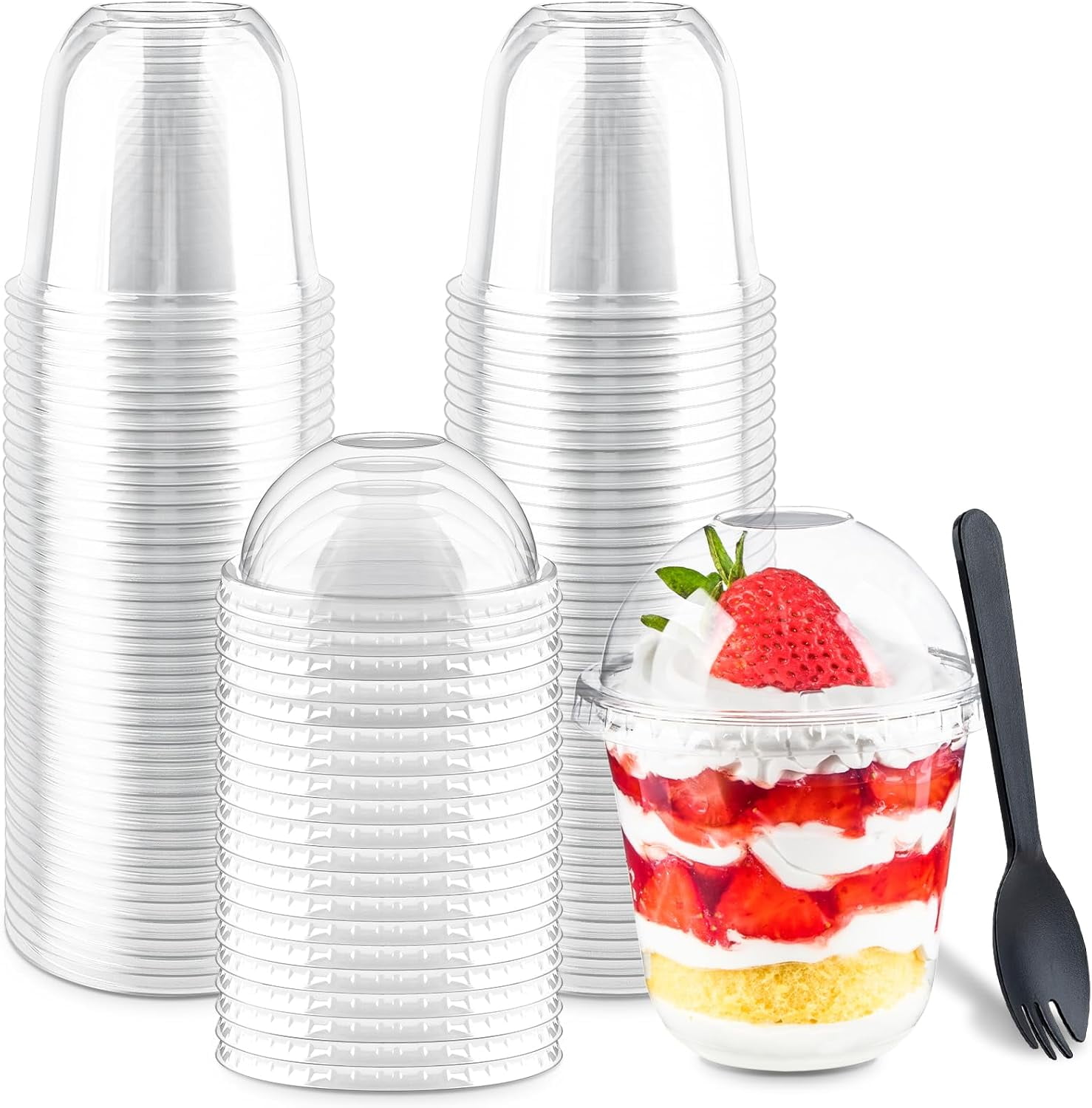 50 Pack 10 oz Plastic Dessert Cups with Dome Lids (No Hole) and Sporks ...
