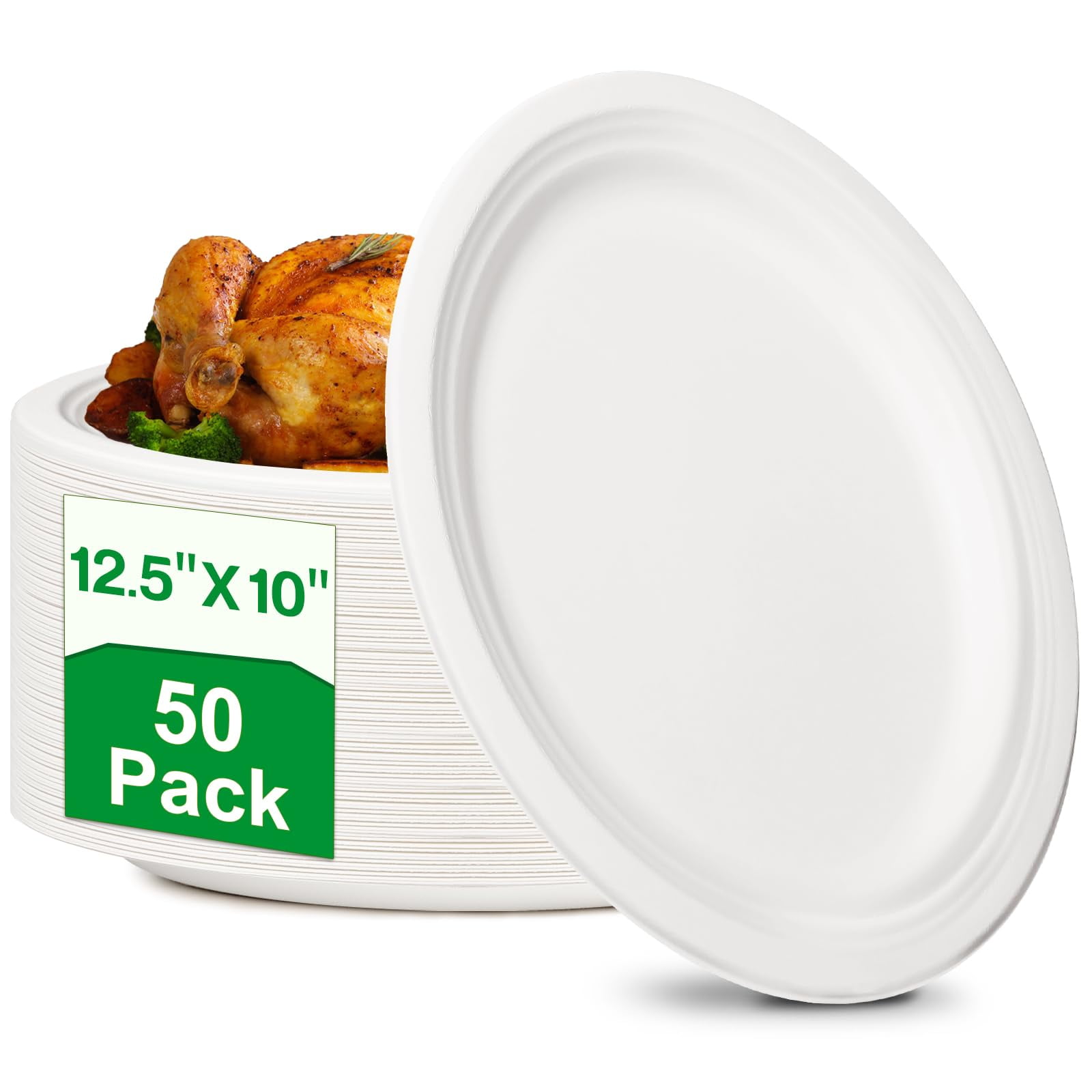 50 Pack 10" x 12.5" Inch Paper Plates, 100% Compostable Paper Plates ...