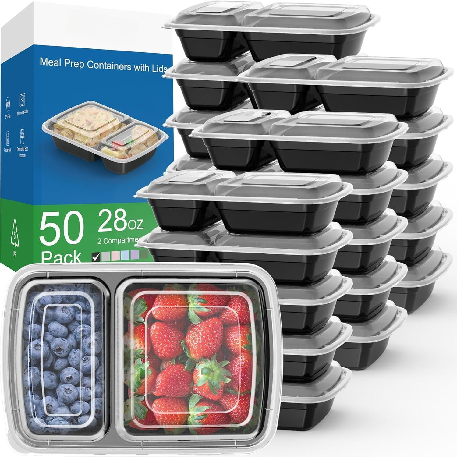 50 Pack (100-) 28 oz Meal Prep Containers with 2-Compartment, Sturdy ...