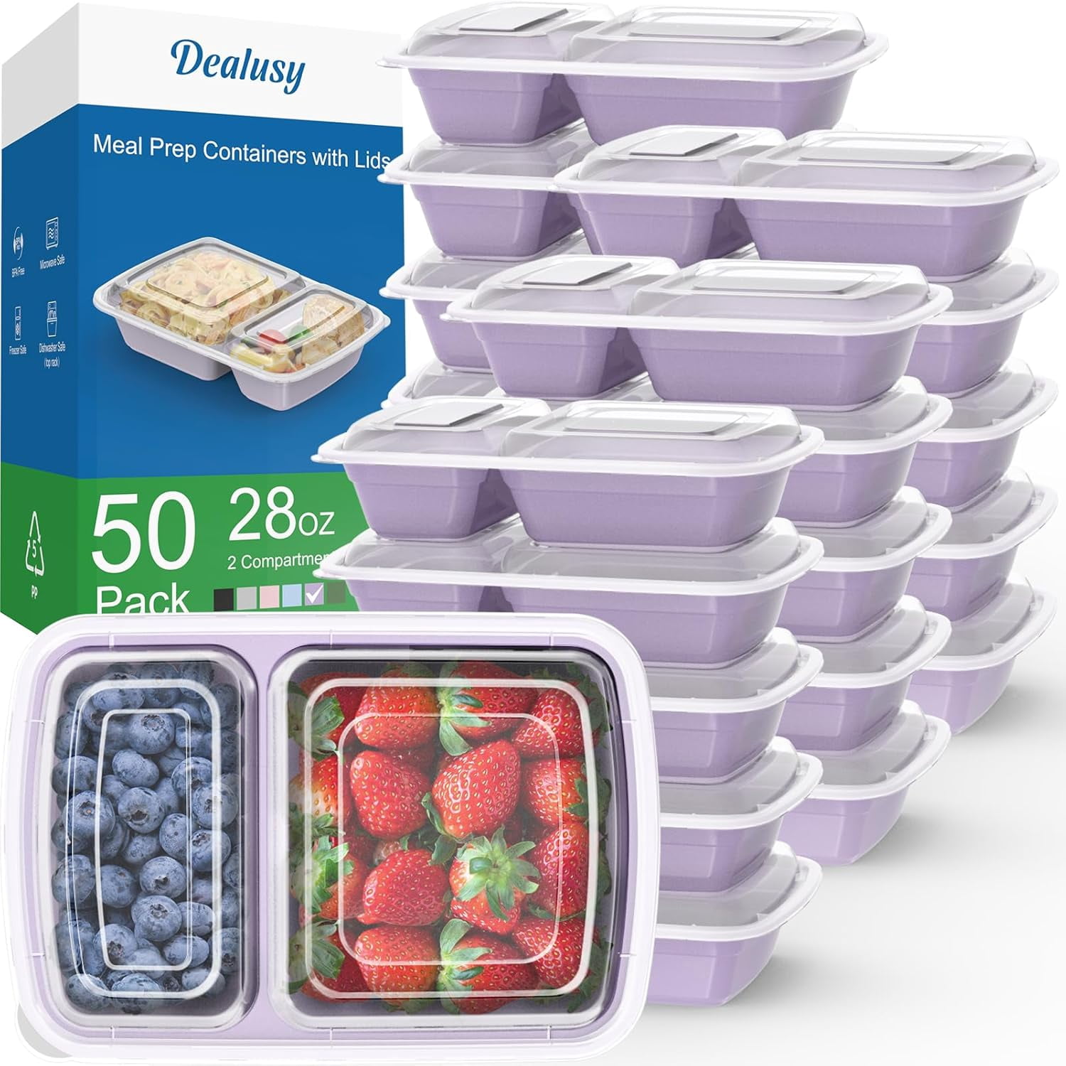 50 Pack (100-Piece) 28 oz Meal Prep Containers Reusable with Lids 2 ...