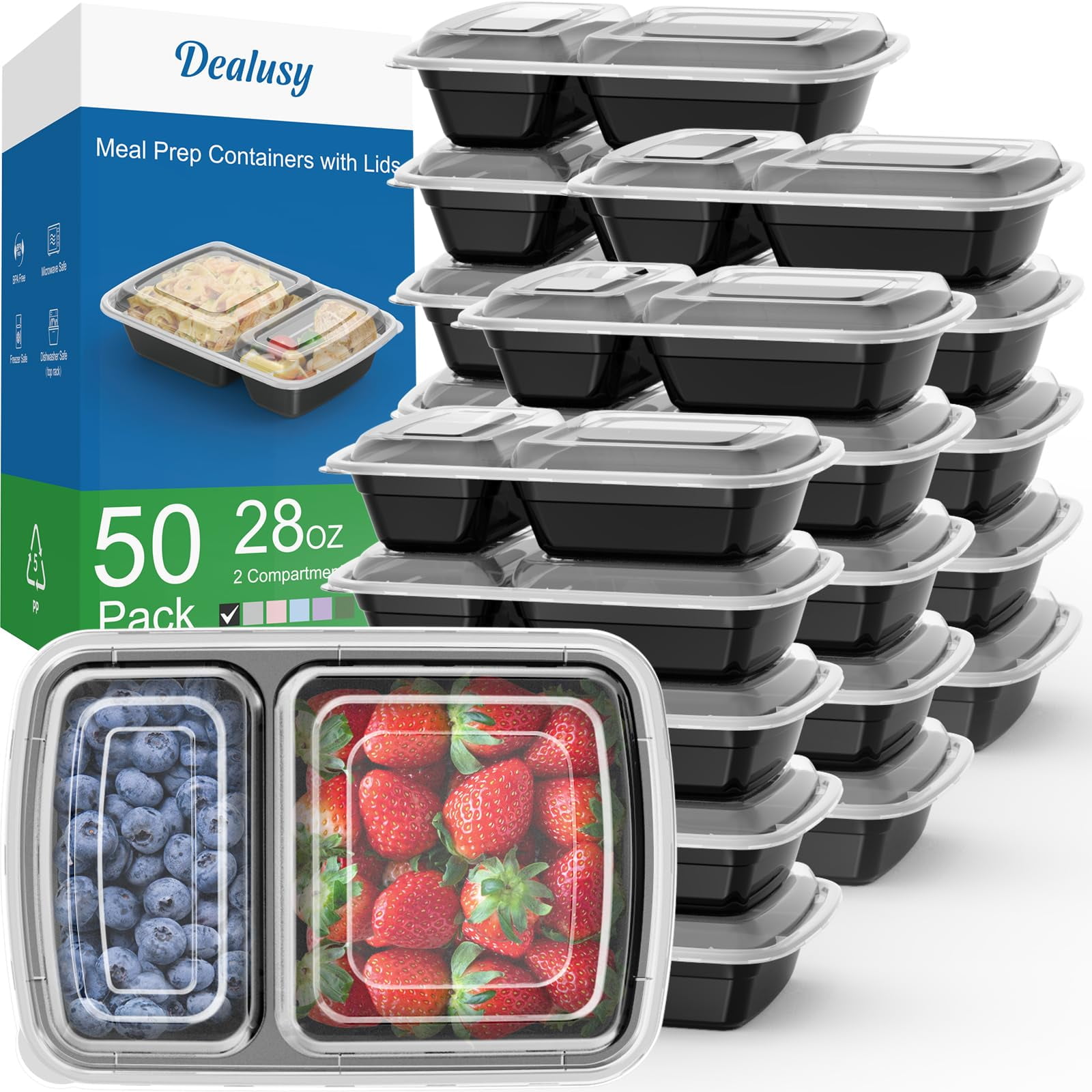 50 Pack (100-Piece) 28 oz Meal Prep Containers Reusable with Lids 2 ...