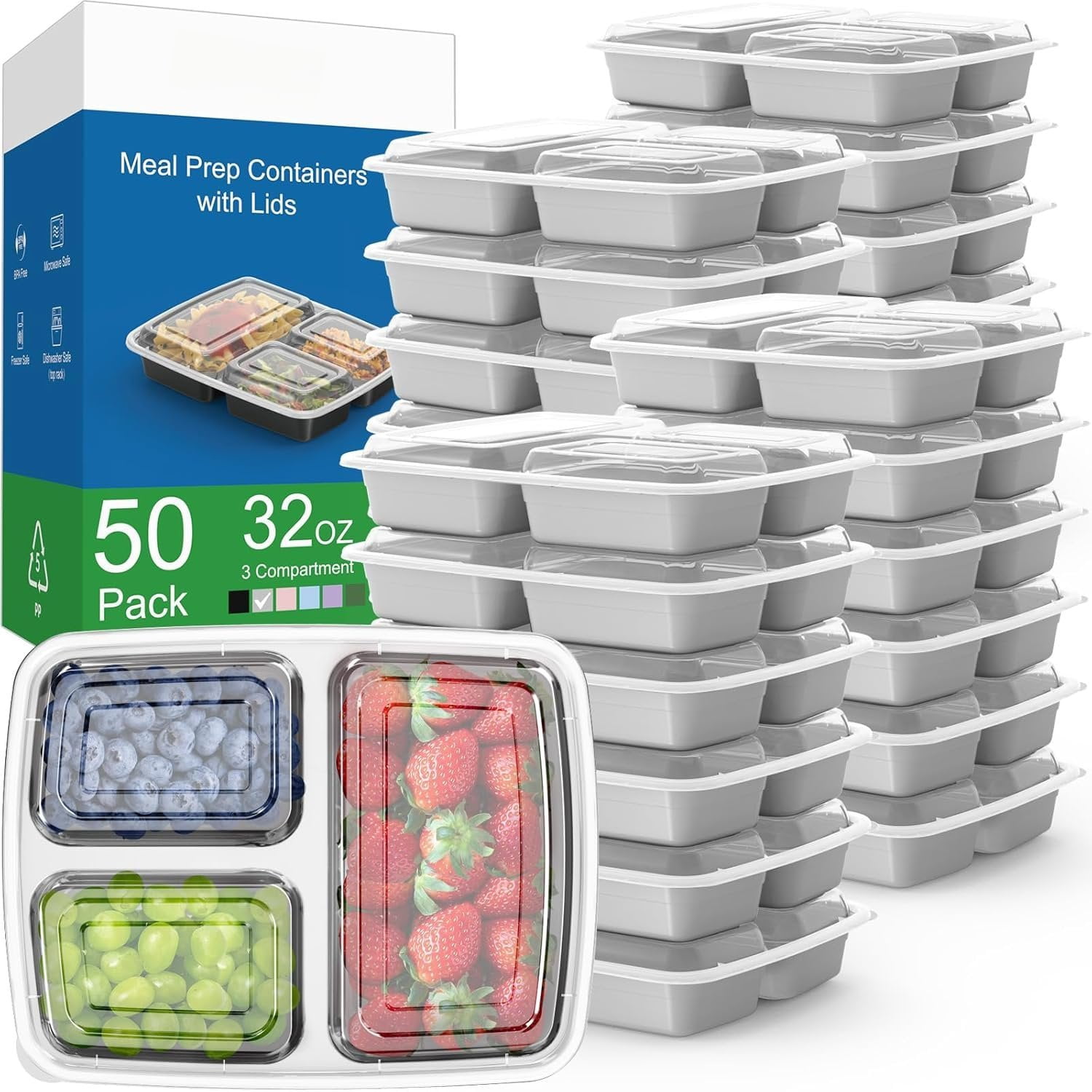 50 (100-) 32 oz Meal Prep Containers with 3-Compartment, To Go Take Out ...