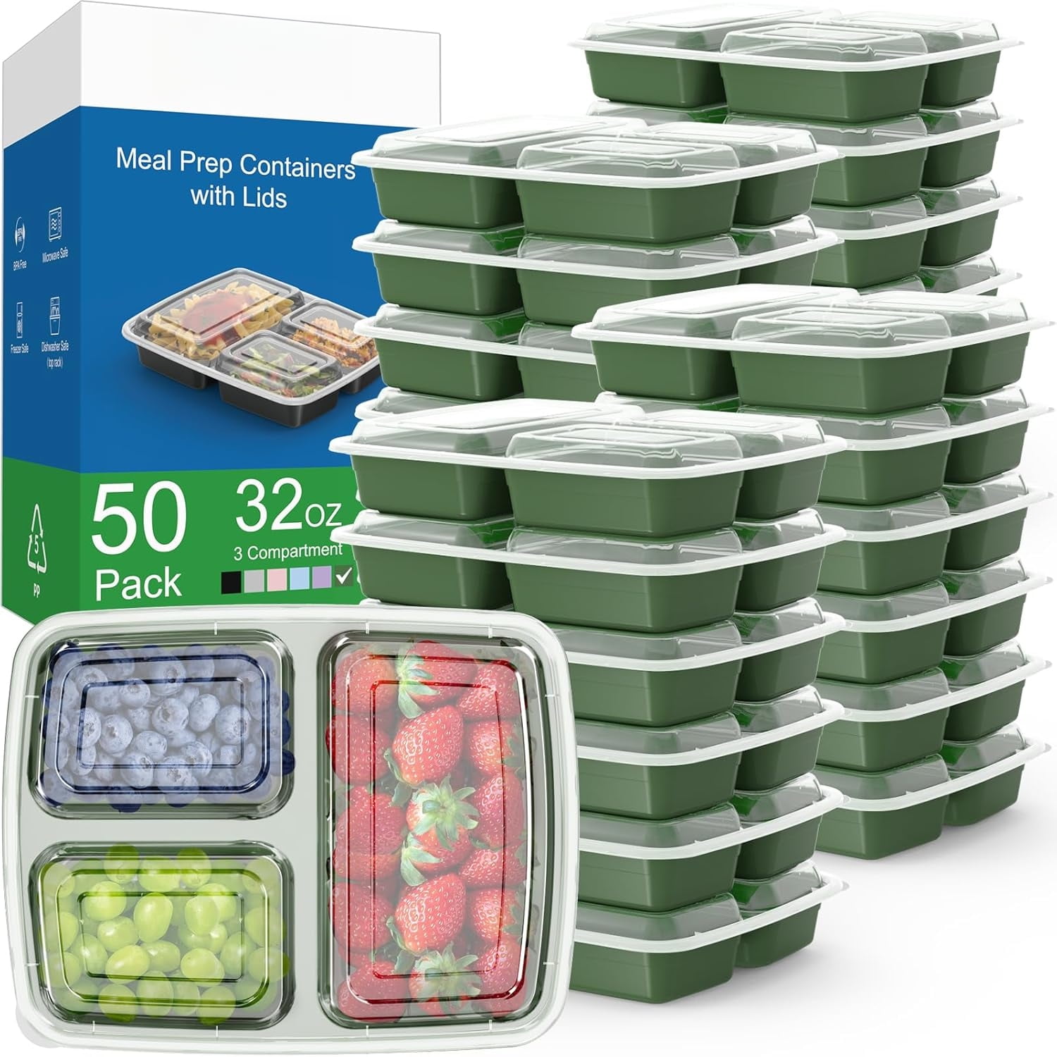 50 Pack (100-Piece) 32 oz Meal Prep Containers Reusable with Lids 3 ...