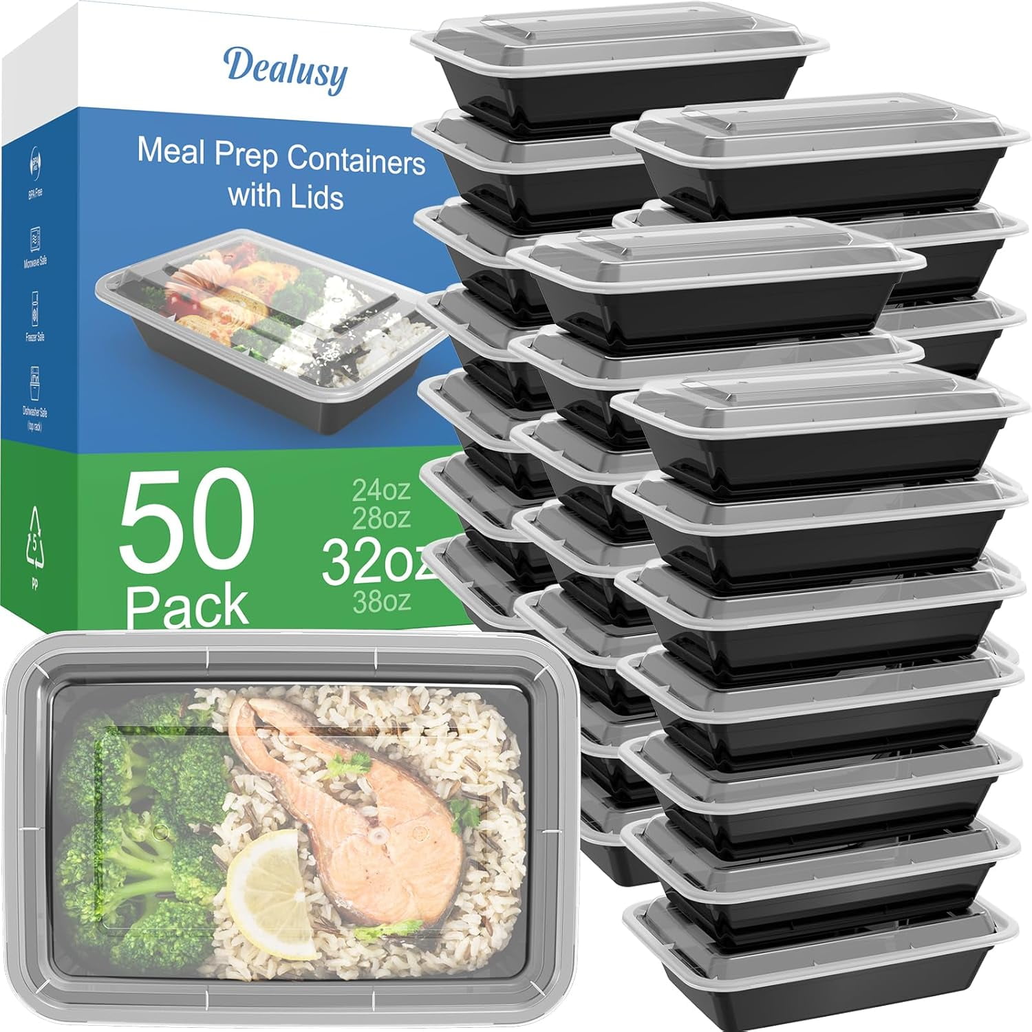 50 Pack (100-Piece) 32 oz Meal Prep Containers Reusable with Lids ...