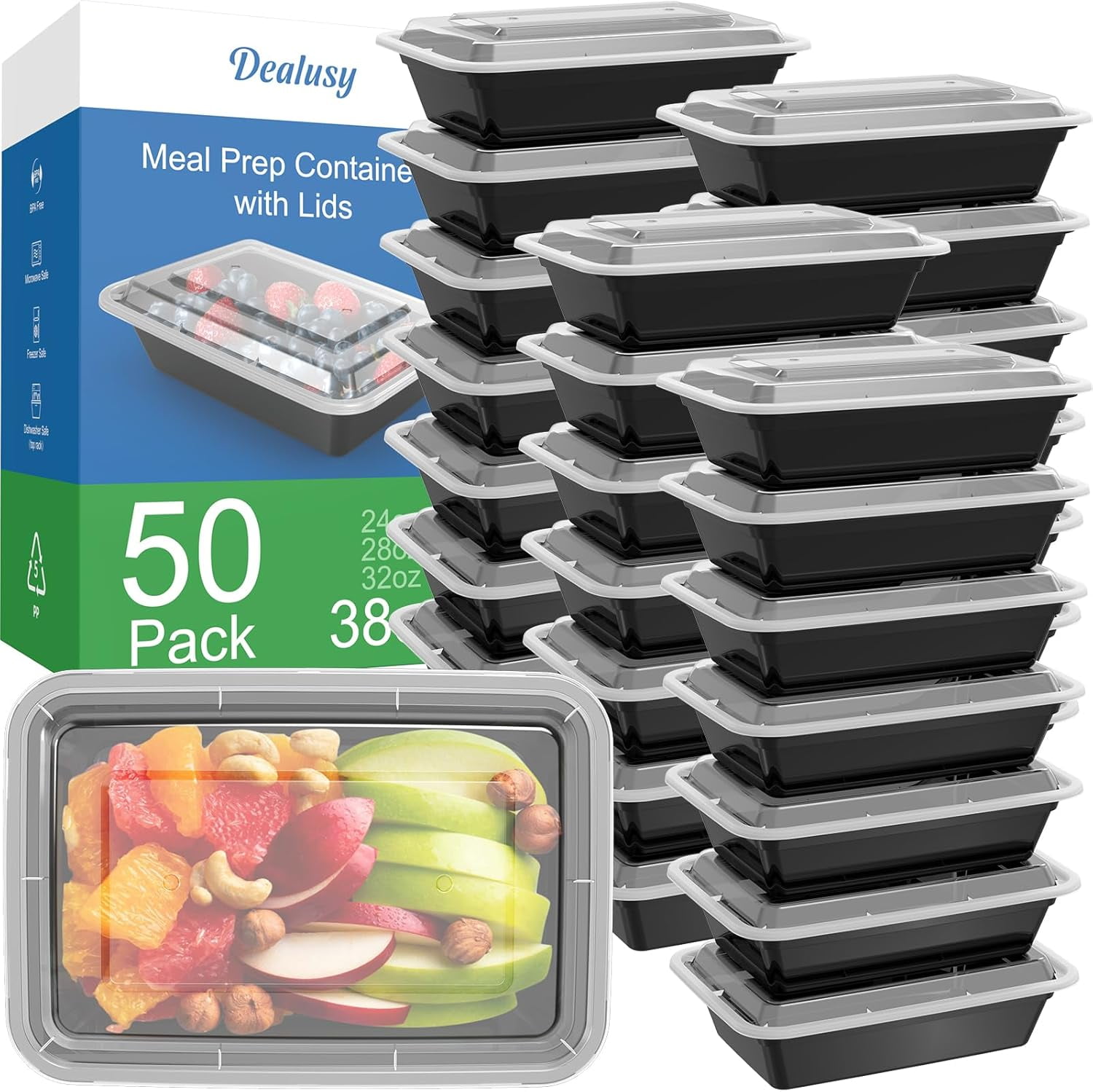 50 Pack (100-Piece) 38 Oz Meal Prep Containers Reusable with Lids ...