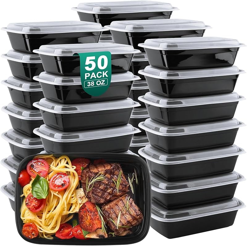 50-Pack (100-Piece) Meal Prep Containers 38 OZ, Plastic Food Prep ...