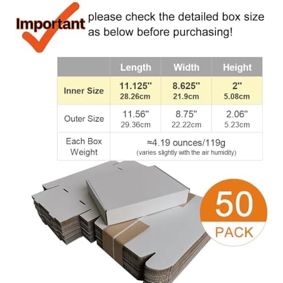 50 Pack 11.125x8.625x2'' Small Shipping Boxes, Corrugated Cardboard ...