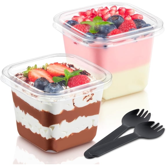 50 Pack 12 oz Clear Plastic Dessert Cups with Lids and Sporks, Square ...