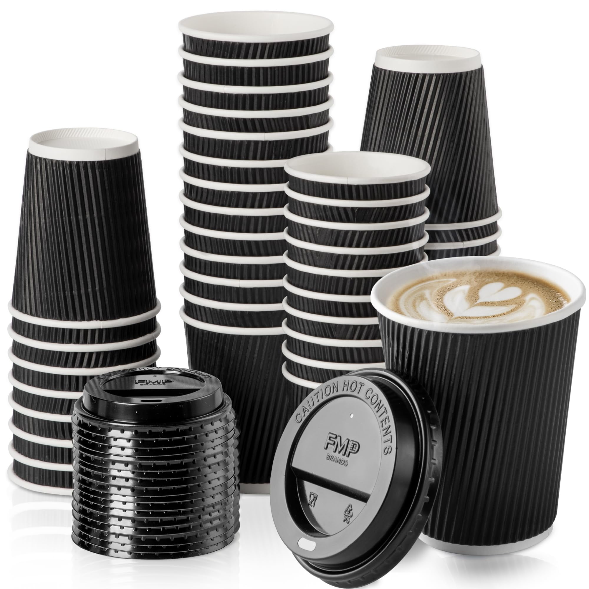 [50 Pack] 12 oz Insulated Ripple Wall Paper Coffee Cups with Black Lids ...