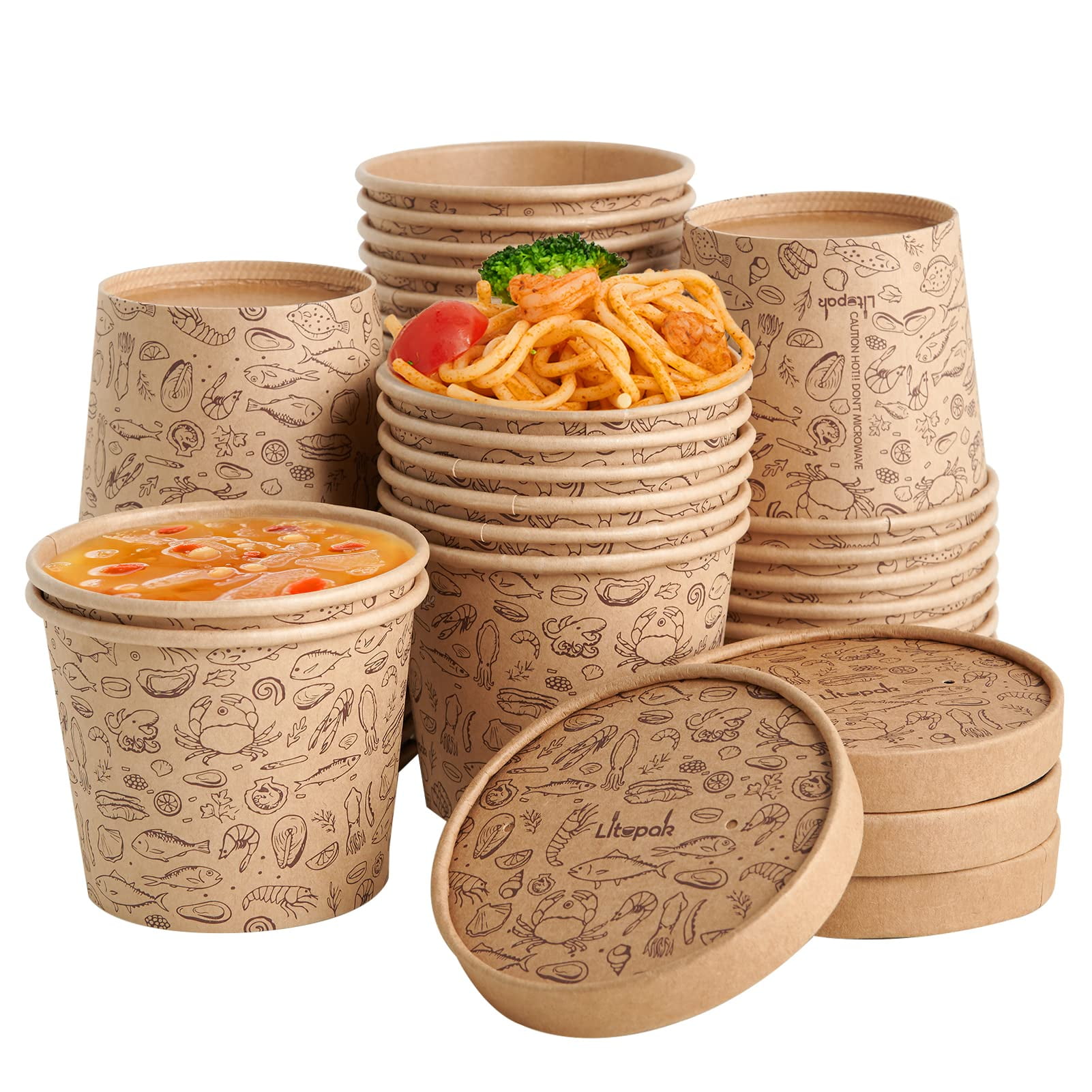 50 Pack 12 oz Paper Containers with Vented Lids, Kraft Paper Food Cups ...