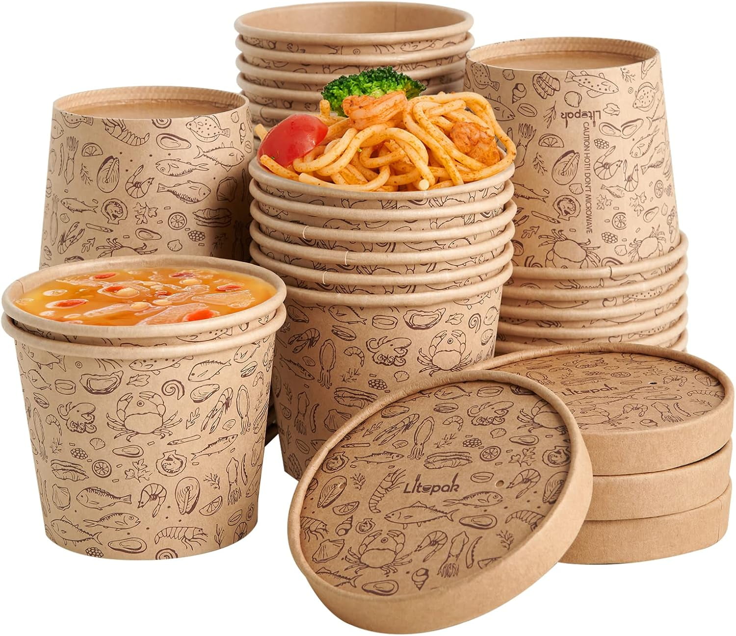 50 Pack 12 oz Paper Containers with Vented Lids, Kraft Paper Food Cups ...