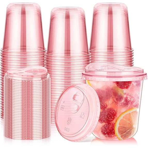 50 Pack 12 oz Pink Plastic Party Cups with Sip Lids, Disposable Iced ...