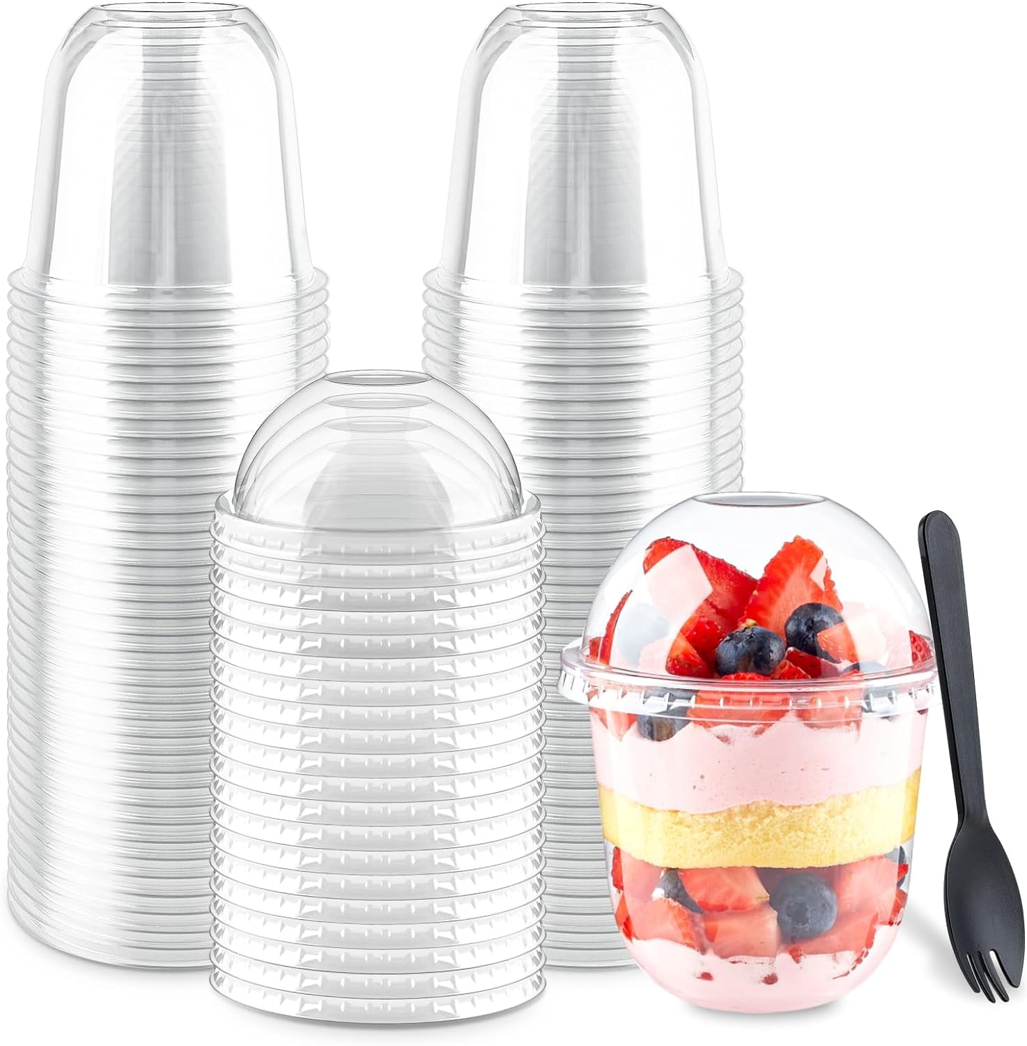 50 Pack 12 oz Plastic Dessert Cups with Dome Lids (No Hole) and Sporks ...