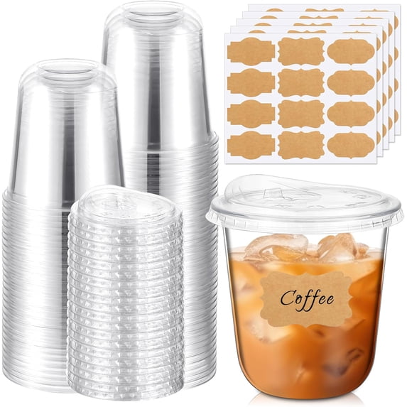 50 Pack 12oz Clear Plastic Cups with Strawless Sip and Label Stickers ...